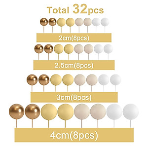 ASTARON 32 Pcs Ball Cake Topper Decorations Mini Balloons Cake Topper Sticks Foam Balls Cake Picks Cake Topper Balls Cake Decorations for Wedding Party Birthday Cake Decorations (Yellow Gold)
