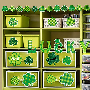 77Pcs St. Patrick's Day Shamrock Cutouts Decorations Green Lucky Irish Paper Clover Cut-Outs Includes Glue Points and Rope for Classroom Bulletin Board Game Party Supplies