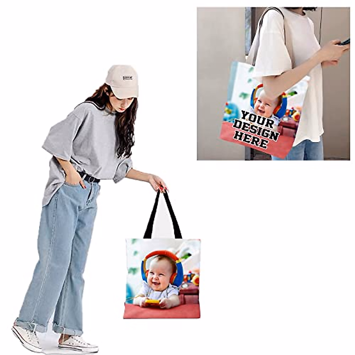 EAQ Personalized Tote Bag Custom Canvas Bag with Photo Reusable Canvas Tote Bags for Daily Use Gifts-Black-Tote Bag
