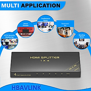 4 Way HDMI Splitter 1 in 4 Out 4K@60Hz/1080P@120Hz, HBAVLINK 4K HDMI Splitter 1x4 3D w/Cable+AC Adapter, HDMI to Multi TV + Audio Extractor to HDMI Soundbar for PS5/PS4/Fire Stick/Roku/Apple TV/NVR