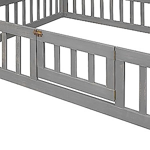 Eafurn Full Size House Bed with Fence Railings and Small Door, Solid Wooden Floor Platform Bed with Roof Design, Playhouse Bed Frame Easy Assemble for Kids, Teens, Girls, Boys