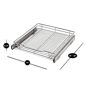 Smart Design Pull Out Cabinet Shelf - Medium - Smooth Roll Extendable Sliding Drawer - Holds 100 lbs - Steel Metal Wire - Sink Tray, Kitchen Organizer Basket, Pantry Spice Rack - 14.5 Inch x 18-35 - Chrome