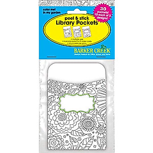 BARKER CREEK Peel & Stick Library Pockets, Color Me in My Garden, 3 Designs, Great for Holding Library, Index, and Flash Cards, Hall Passes, Recipes, and More! 3-1/2" x 5-1/8", 30 per Pkg (1243)