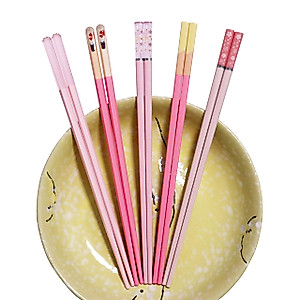 5 Pairs Fiberglass Chopsticks Pink Japanese Korean Chopsticks Reusable Non-Slip Chopsticks Dishwasher Safe, 9.6 Inches Long, 5 Patterns