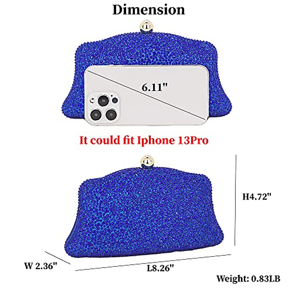 Chaliwini Shiny Rhinestone Crystal Purse Royal Blue Clutch Evening Bag For Women Wedding Party Glitter Handbag