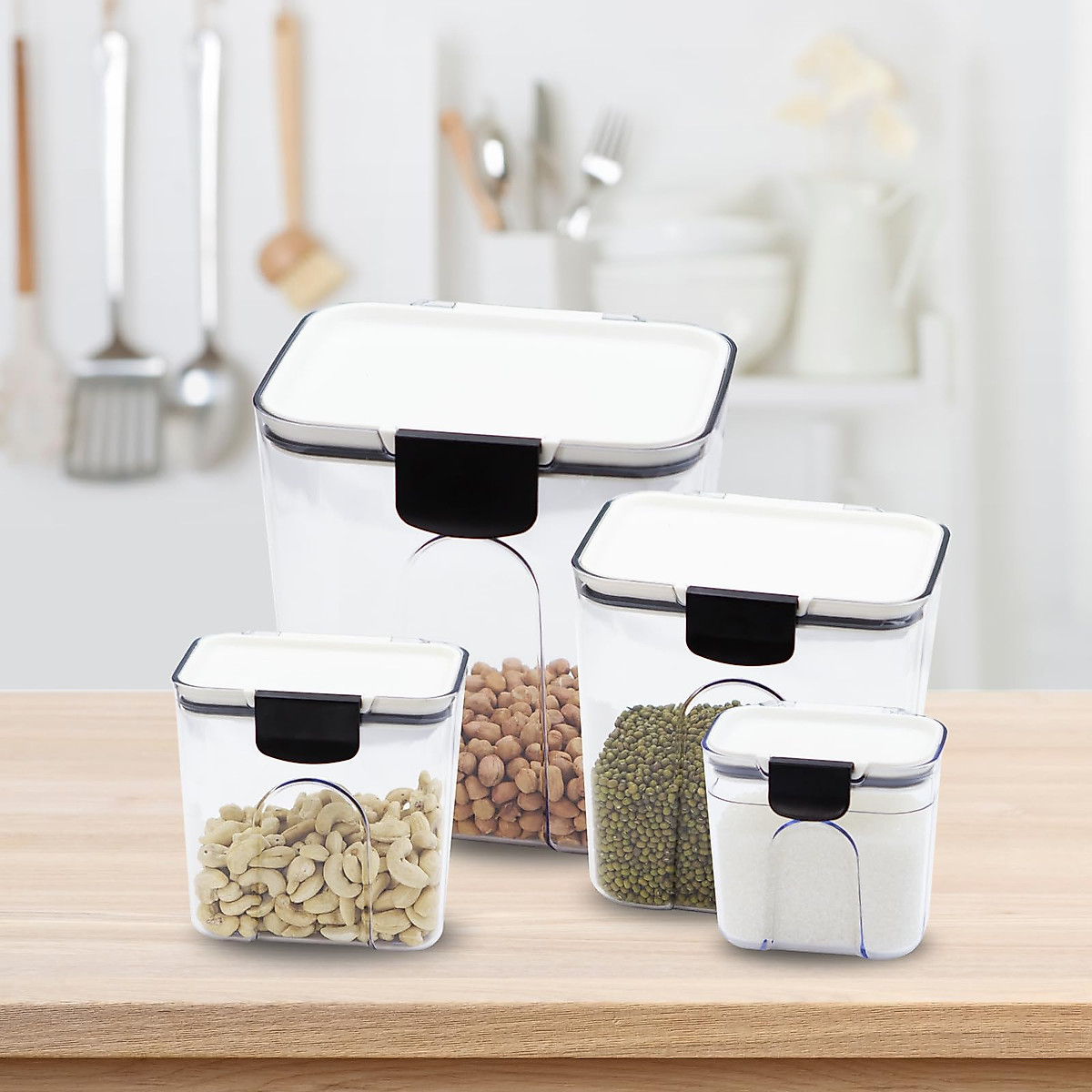 LOVEJO 4-Piece Storage Set: Airtight Food Storage Containers for Kitchen - BPA-Free Clear Plastic Canisters for Flour, Sugar, Rice & Baking Supplies - Includes Airtight Lids & Scoops