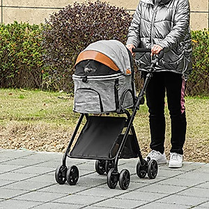 PawHut 2 in1 Foldable Pet Stroller and Detachable Travel Carriage with Lockable Wheels, Adjustable Handlebar Canopy and Zippered Mesh Window Grey