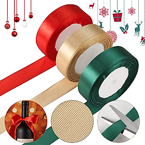 3 Rolls 75 Yard Christmas Satin Ribbon, 1 Inch Wide Gift Wrapping Ribbon Double Faced Polyester Ribbon Rolls Solid Satin Ribbon for Christmas Wedding Party DIY Craft Making (Red, Green, Gold)