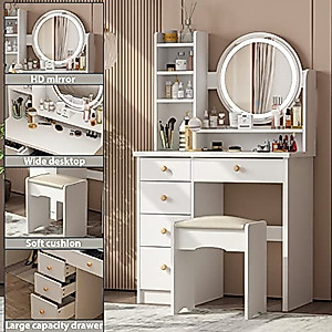AGOTENI Makeup Vanity Set Dresser Desk with 5 Drawer and Shelf Round Mirror with Touch Screen and Light Vanity Set with Cushioned Stool for Bedroom, White