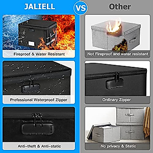 Upgraded File Box with Lock, Fireproof Document Box File Cabinet File Organizer Box with Water-Resistant Zipper & Adjustable Handle, Collapsible Filing Cabinet for Hanging Letter/Legal Folder (Black)