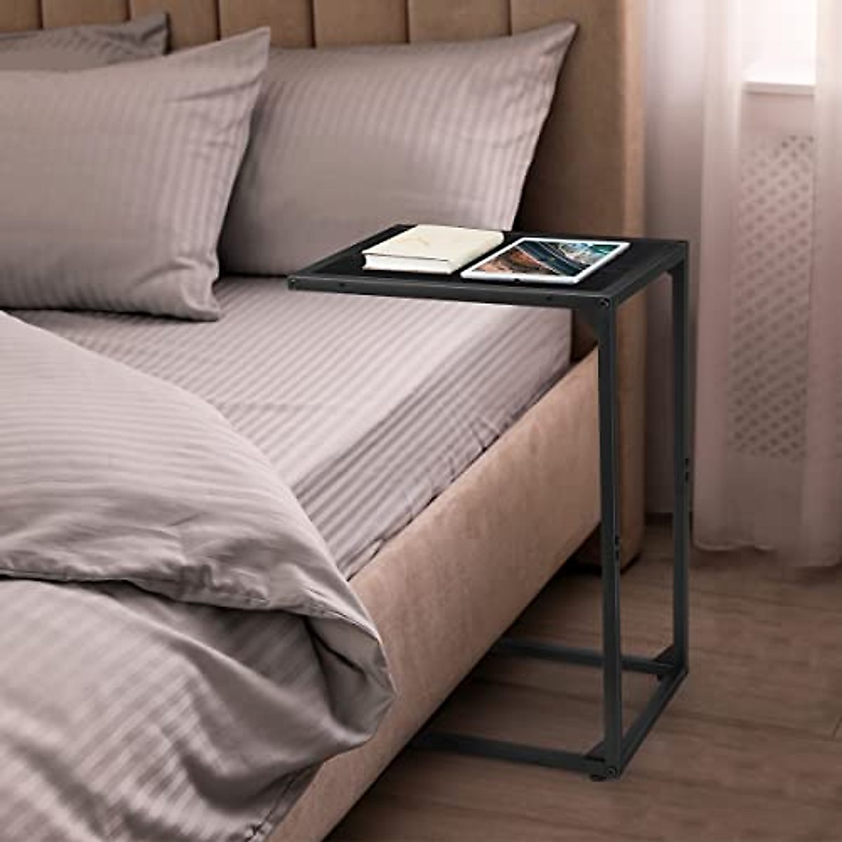 melos C Shaped End Table, Snack Side Table, C Tables for Couch, Couch Tables That Slide Under, for Living Room, Bedroom, Black