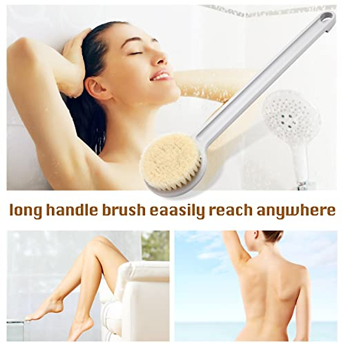 2Pack Back Scrubber for Shower, Qewro Stiff Bristles Dry Brushing Body Brush for exfoliating Back, Back Brush Long Handle for Shower Back Use Skin Washer Lymphatic Drainage, Bath Brush for Men Women