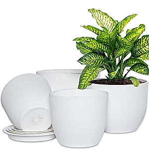 UOUZ 10/9/8/6.3 inch Plant Pots, Modern Plastic Planters Planting Pots with Multi Drainage Holes and Saucers for Indoor Outdoor Plants Flowers, White