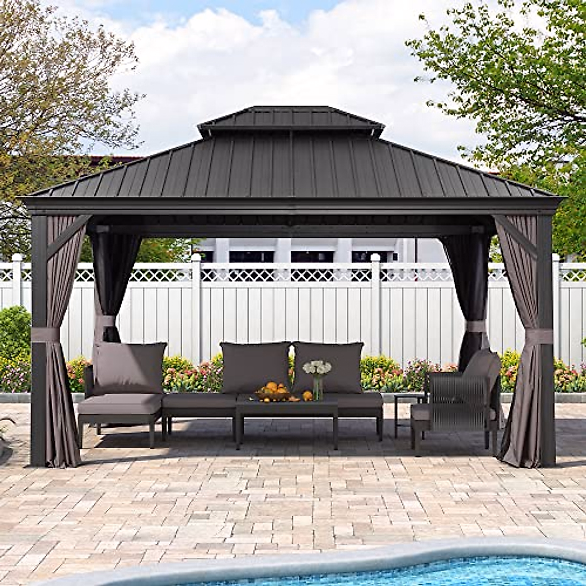PURPLE LEAF 12' X 14' Hardtop Gazebo Aluminum Permanent Outdoor Gazebo with Galvanized Steel Double Roof for Patio Backyard Curtains and Netting Included Grey