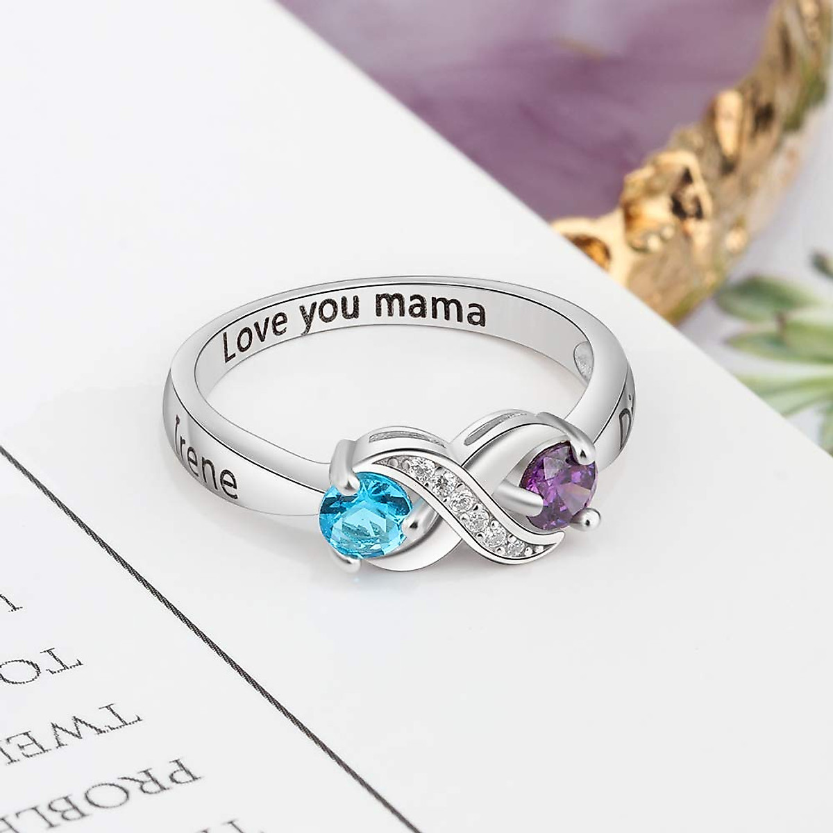 925 Sterling Silver Personalized Infinity Mothers Rings with 2 Round Simulated Birthstones Custom Engraved Engagement Promise Rings for Women (7)