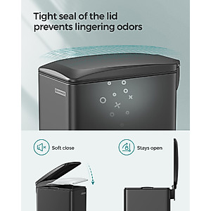 SONGMICS Slim Trash Can, 12.7-Gallon (48 L) Garbage Can for Narrow Spaces with Soft-Close Lid, Inner Bucket, and Step-on Pedal, Stainless Steel, 15 Trash Bags Included, Black ULTB510B48