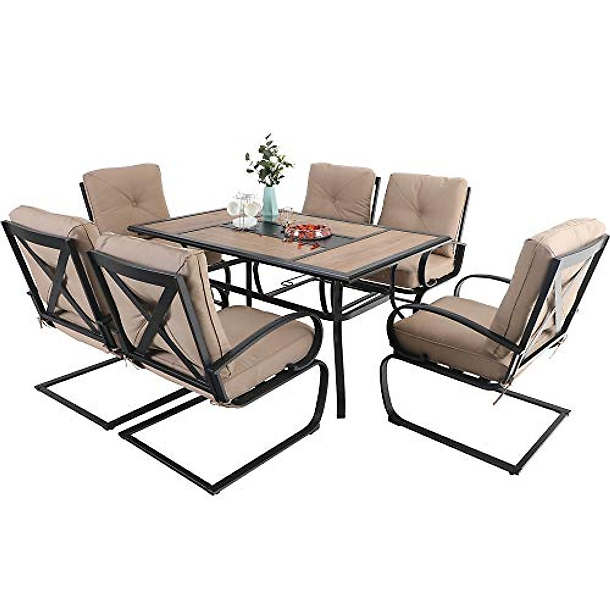 MFSTUDIO 7PCS Outdoor Patio Dining Table Set, 6 Spring Motion Chairs, 1 Rectangular Table Woodlike Top with 1.57" Umbrella Hole, Lawn Backyard Garden Furniture Sets, Beige