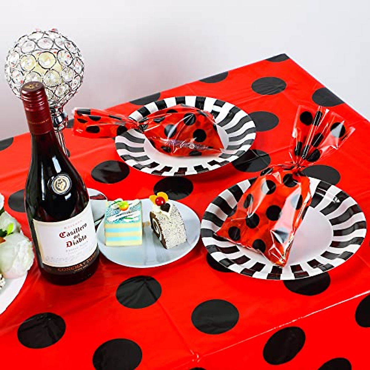 73 Pcs Ladybug Party Supplies, 52 x 87 Inch Ladybug Tablecloth, 48 Pcs Red Treat Goodie Bags Candy Bag with Twist Ties, 24 Pcs Red Black Latex Balloon for Ladybug Themed Birthday Wedding Decoration