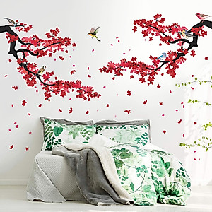Romantic Red Flowers Wall Decals 3D Plum Floral Tree Branches Wall Stickers DIY Removable Peach Cherry Blossom Birds Wall Decor for Kids Girls Bedroom Living Room Nursery Office Decoration DT-4978