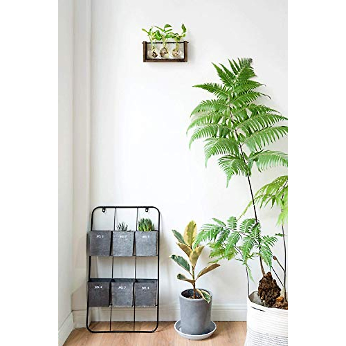 Mkono Plant Terrarium with Wooden Stand, Wall Hanging Glass Planter Tabletop Propagation Bulb Vase Metal Swivel Holder Retro Rack with 3 Bud Bottle for Hydroponics Plants Home Office Decor