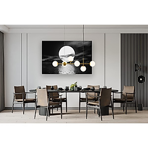 Cao Gen Decor Art S06481 Wall Art Canvas Sea White Full Moon in Night Picture Canvas Poster Print Black and White Ocean for Living Room Bedroom Kitchen Home Decorations Framed Artwork