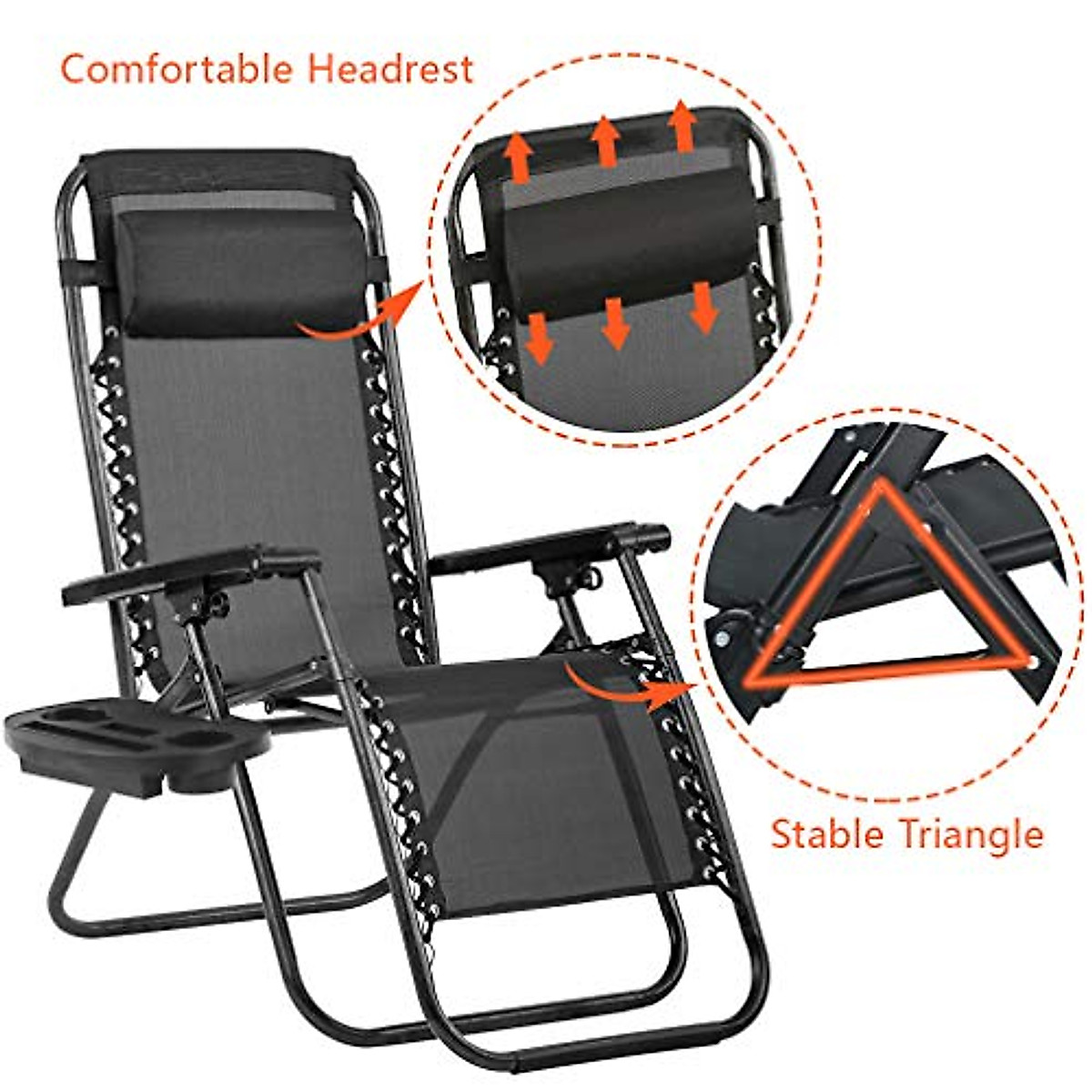 Her Majesty Adjustable Lounge Recliner Chair Set of 2 with Cup Holders Pillow for Patio Outdoor Yard Beach,Black