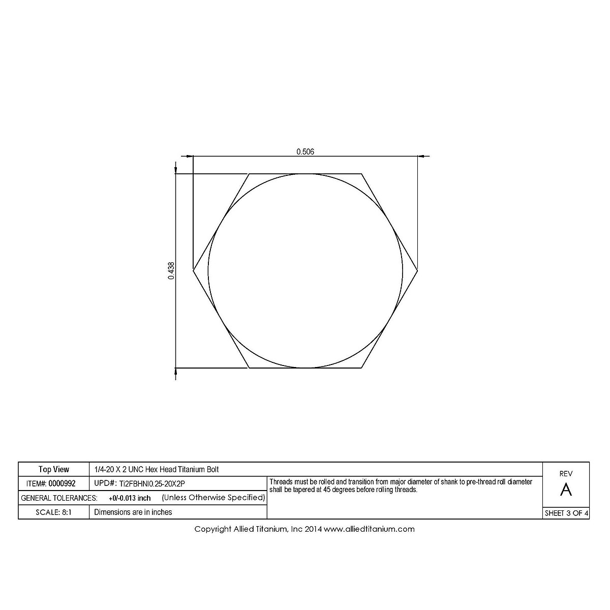 Allied Titanium 0000992, (Pack of 6) 1/4-20 X 2 UNC Titanium Hex Head Bolt, Grade 2 (CP)