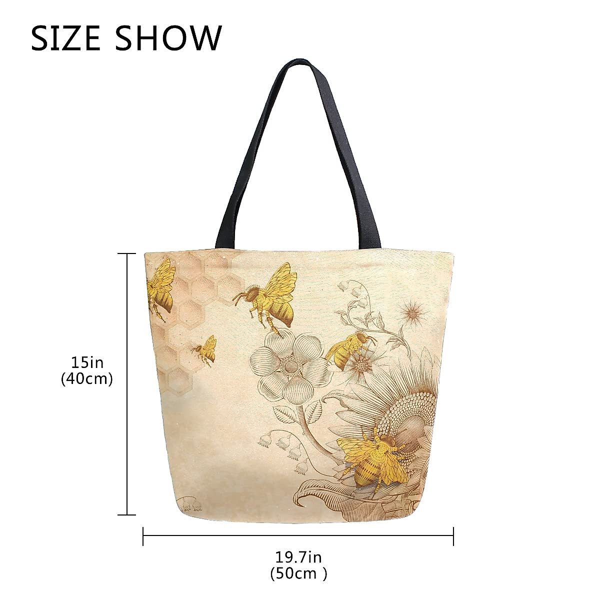 ALAZA Sunflower Bee Retro Large Canvas Tote Bag Shopping Shoulder Handbag with Small Zippered Pocket