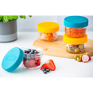 Kilner 0.125L Set of 2 Glass Store Pots 125ml with Push Top Silicone Lids | Perfect for Snacks & Food Storage, Clear, Blue and Yellow
