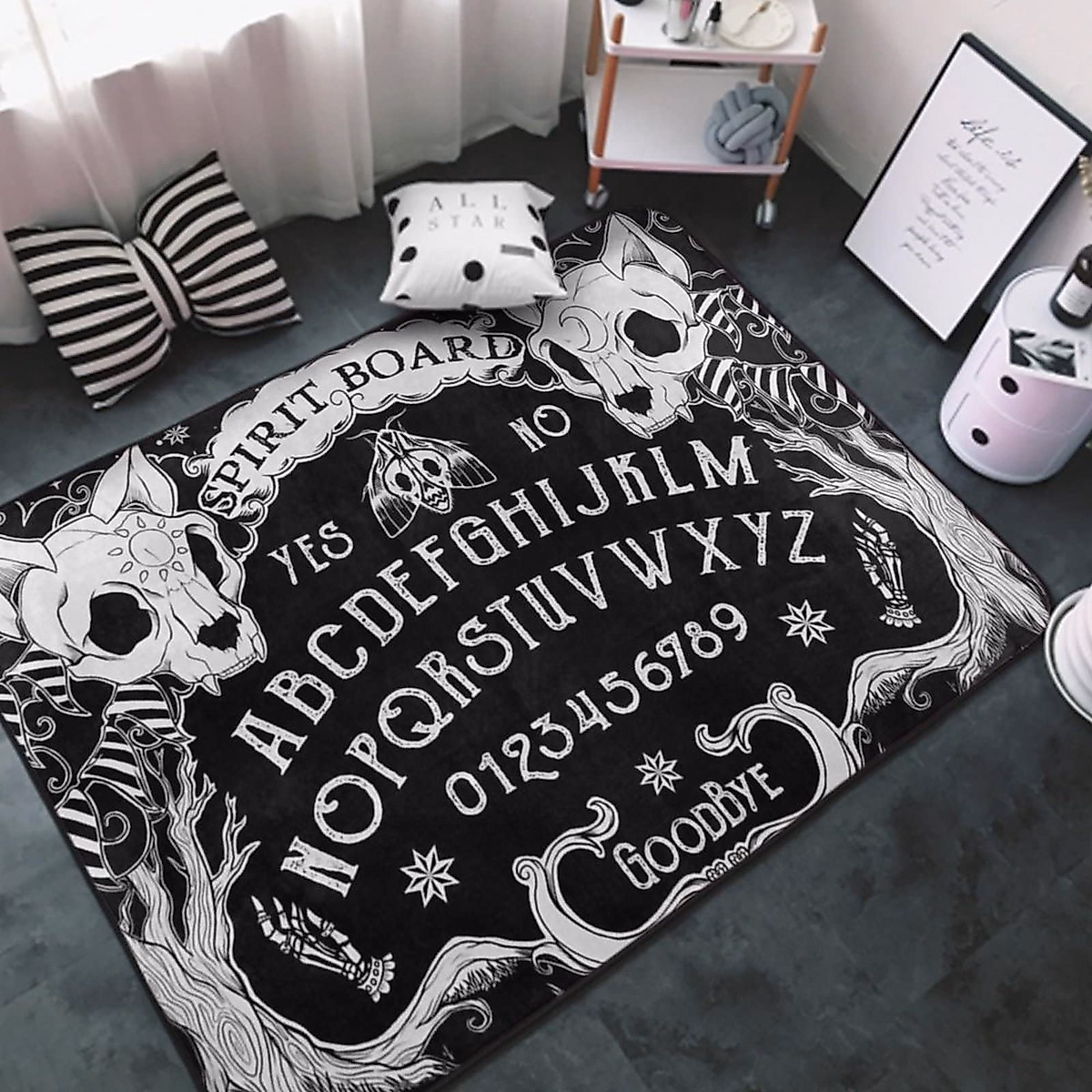 Area Rug Modern Unique Area Carpet Anti Slip Carpets for Bathroom,Office, Dining Room, Indoor Thick Soft Carpets Cat Skull Head Witch Board Black Gothic Rug