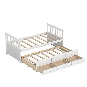 KOMFOTT Wood Twin Trundle Bed with Storage Drawers, Daybed with Trundle, No Box Spring Needed Daybed Frame, Twin Size Captain’s Bed