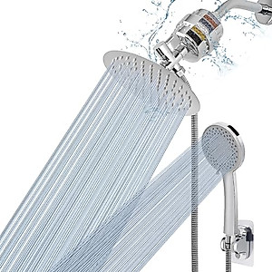 NearMoon Filtered Shower Head, High Pressure 8″Round Rain Shower Head and 5 settings Handheld Shower Filter Combo with Self-adhesive Holder/1.5M Hose -1 Replaceable Filter Cartridge (Chrome Finish)