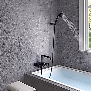 Yawhite Modern Industrial Pipe Wall Mounted Bathtub Filler Faucet with Hand Shower ,3-Handle Tub Faucet Swivel Spout Kit,High Pressure Rough in Valve Solid Brass Black