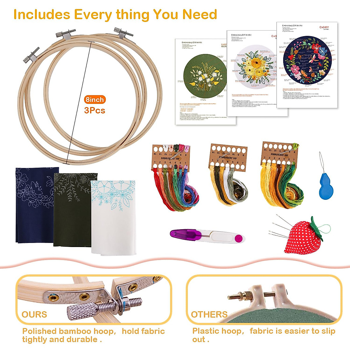 Mocoosy 3 Pack Embroidery Starter Kit for Beginners, Stamped Embroidery Kit with Pattern and Instructions, Cross Stitch Set Kids Adults Crafts Include 3 Embroidery Fabric, 3 Bamboo Hoops, Threads