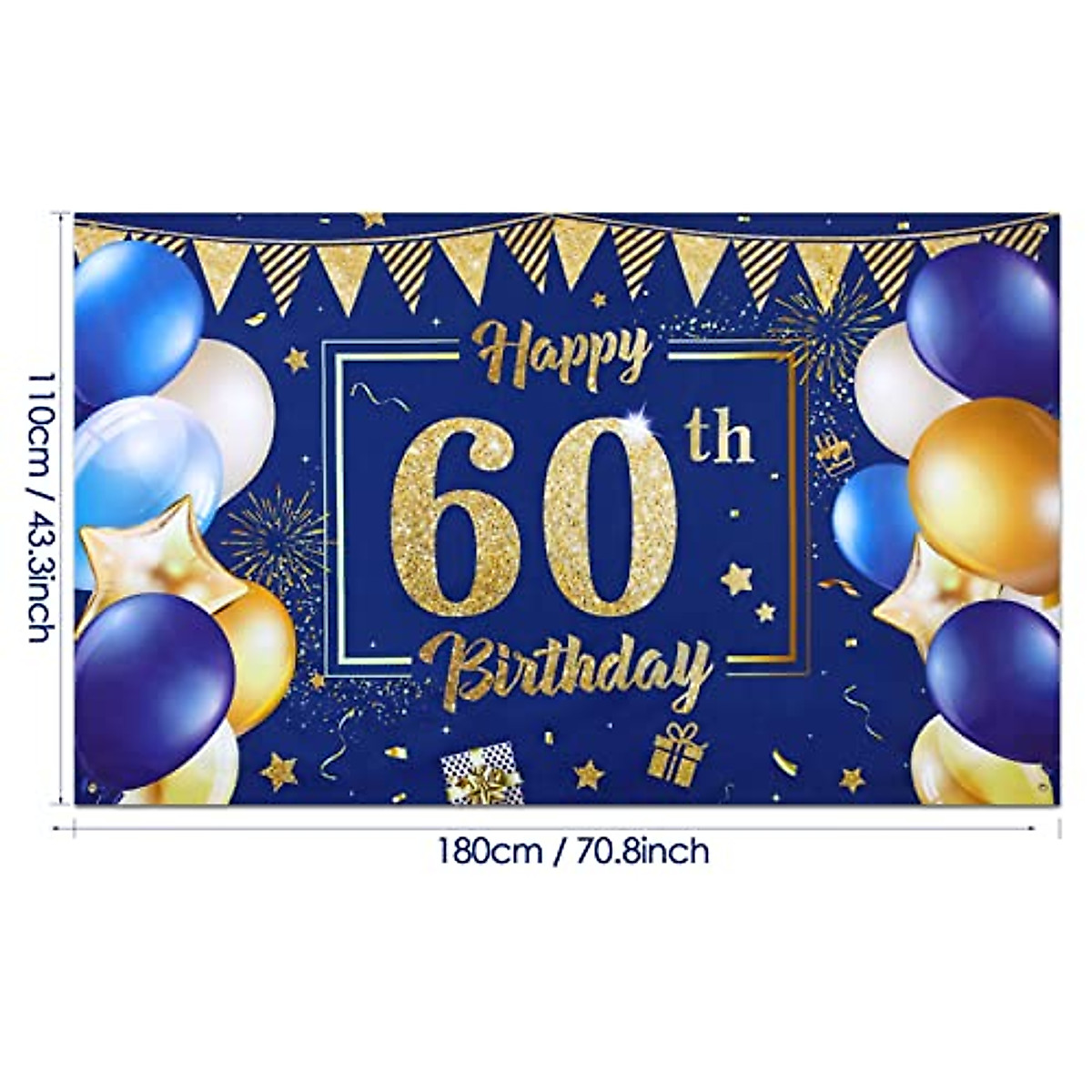 Blue 60th Birthday Decoration Banner for Men Women, Navy Blue Gold Happy 60th Birthday Banner Backdrop, Large Blue Sixty Years Old Birthday Anniversary Banner Photography Background Party Décor