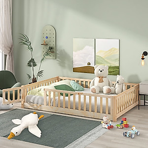 LLS Full Floor Bed for Children, Durable Montessori Floor Bed with Wood Slats, Safety Fence & Small Door, Wood Floor Bed Frame for Girls Boys and Children, Natural (with Bed Slats)