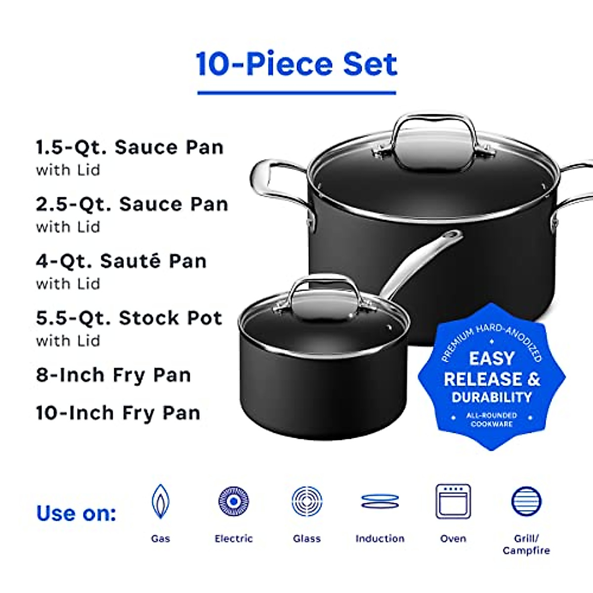 Legend Slick 10 pc Hard Anodized Nonstick Cookware - Next Gen Hard Anodized Aluminum & Steel Chef Grade Pots and Pans Set for Home - PFOA Free, Non-Toxic Non-Stick Surface - Oven & Dishwasher Safe
