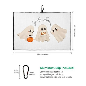 Golf Towel Halloween Cute Spooky White,Waffle Pattern Microfiber Club Cleaner Golf Towels with Carabiner Clip for Women Men Dad,Watercolor Beige Ghost Golf Towel for Golf Bags Accessories,24x16in