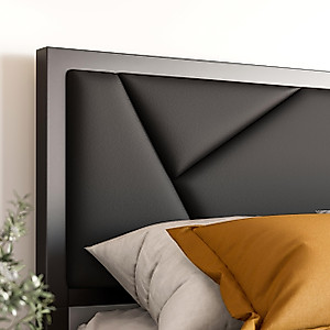 SHA CERLIN Modern Full Size Metal Bed Frame with Litchi Grain Leather Upholstered Headboard, No Box Spring Needed, 12.4" Underbed Storage, Black