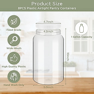 Dandat 8 Pcs 1 Gallon Clear Plastic Jars Airtight Pantry Large Mouth Jars Plastic Jug Cylinder Containers with Lids for Candy Butter Honey Sugar Cookies Arts Crafts Bartender Kitchen(White Lids)