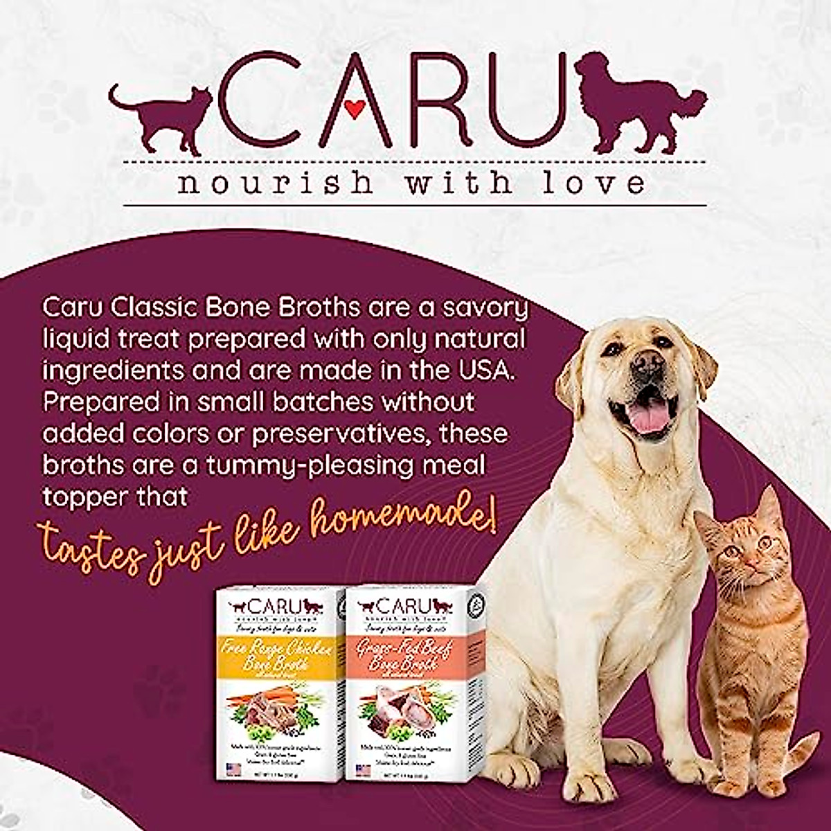 Caru Free Range Chicken Bone Broth For Dogs And Cats, Moistens Dry Food Or Pour Over Freeze Dried Raw Food, Grain And Gluten Free, Non-Gmo Ingredients (1.1 Lbs)
