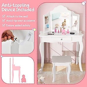 Costzon Kids Wooden Vanity Table & Stool Set, 2 in 1 Detachable Design with Dressing Table and Writing Desk, Princess Makeup Dressing Table with Two 180° Folding Mirror, for Girls, Kids (White)