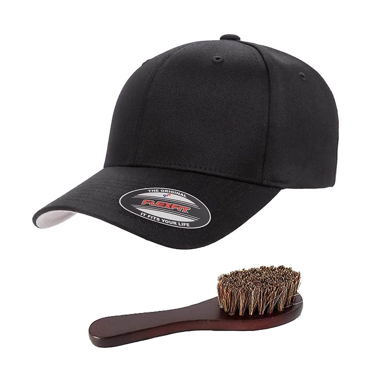 Flexfit Wooly Combed Men's Athletic Stretch Fitted Baseball Cap Bundle with THP Hat & Clothing Brush (L-XL|Black)