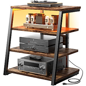 armocity 4-Tier AV Media Stand with Power Strips, Corner TV Stand with LED Lights, Rack Audio Tower with Adjustable Shelves, Corner Entertainment Center, 30'', Rustic Brown