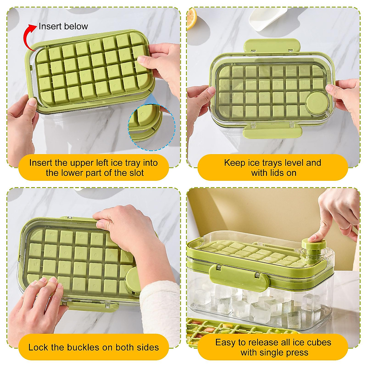 Kamsyluci Ice Cube Tray With Lid And Bin, Ice Cube Trays For Freezer, 64pcs Ice Lattice Molds Ice Container Maker For Freezer Box With Easy Release, Ez Ice Tray And Ice Scoop (Green)