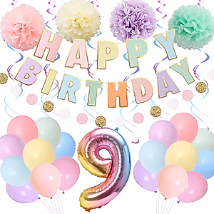 BRT Bearingshui 9th Birthday Decorations for Girls Boys, 40 Inch Rainbow Gradient Number 9 Balloon, 9th Birthday Balloon, Happy Birthday Banner, Children’s 9th Birthday Party Supplies for Kids