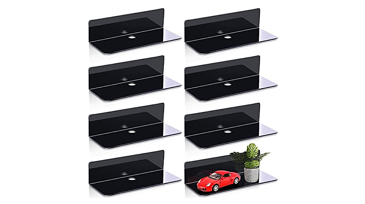 8 Pcs Black Adhesive Floating Shelves - No Drill Wall Mount