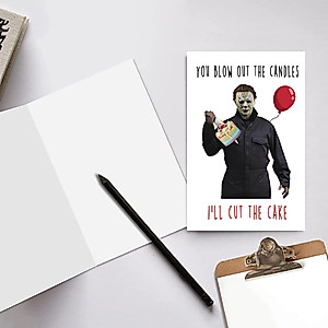 BENNLOOS Horror Themed Birthday Card Decorations for Anyone, Funny Michael Myers Birthday Card for Him Her, Scream Killer Movie Bday Gifts for Best Friend