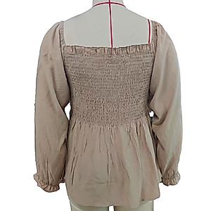 Women’s Casual Top Long Sleeve Neck Smocked Ruffle Hem Slim Babydoll Blouse Shirt Tunics Khaki