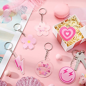 Otuuz 6 Pcs Preppy Smile Key Chain Acrylic Smile Face Keychain Happy Face Aesthetic Preppy Keychain for Backpack Cute Women's Keyrings and Keychains for Girls Purse Pink Accessories Charm, 6 Designs